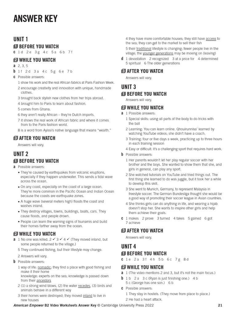 American Empower Upper Intermediate Video Activity Sheet Answer Key ...