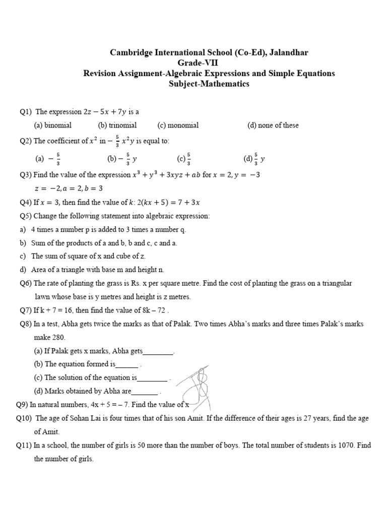 Revision Assignment Algebraic Expression and Simple Equations | PDF | Abstract Algebra | Mathematics