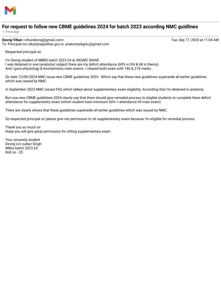 Gmail - For Request to Follow New CBME Guidelines 2024 for Batch 2023 According NMC Guidlines | PDF