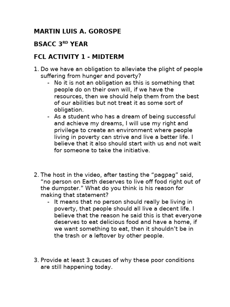 Gorospe - FCL Activity 1 2 Midterm | PDF | Poverty | Poverty & Homelessness