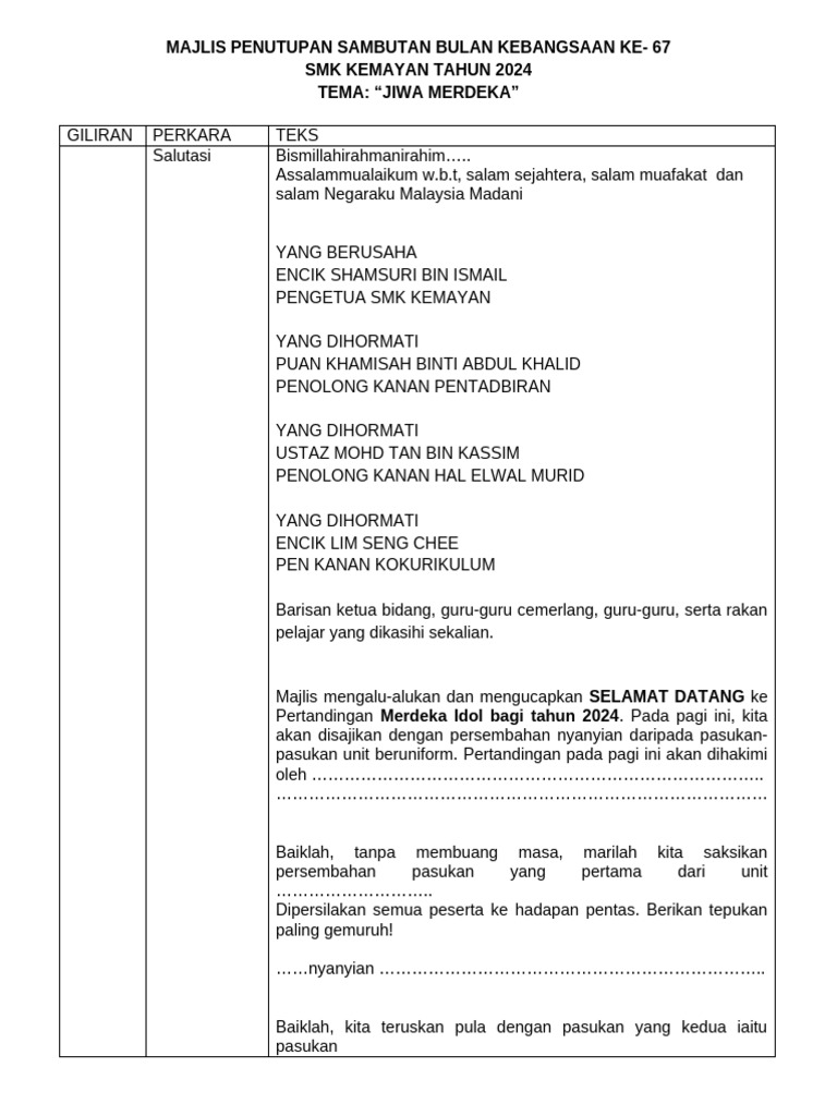 Teks Penutupan Bulan Merdeka 2024 Terkini - Copy | PDF