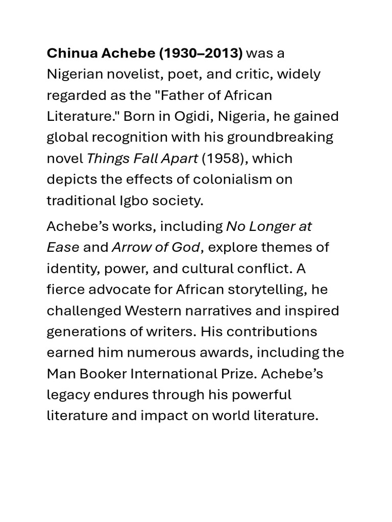 Chinua Achebe: Father of African Literature | PDF