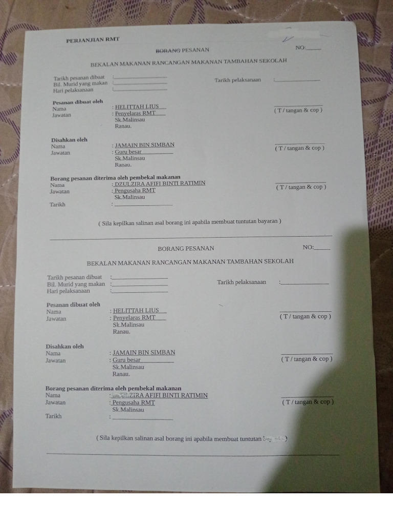 Borang Pesanan RMT Kosong | PDF