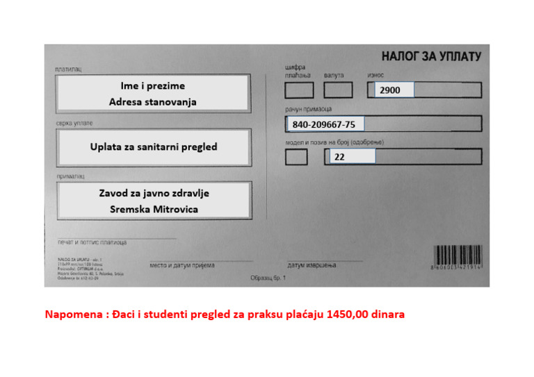 Uplatnica Za Sanitarni Pregled 1738771188 | PDF