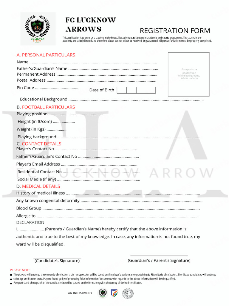 Football Academy Registration Form PDF | PDF