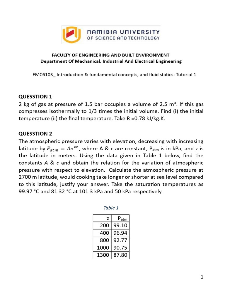 Fluid Mechanics Problem Set | PDF | Pressure | Density