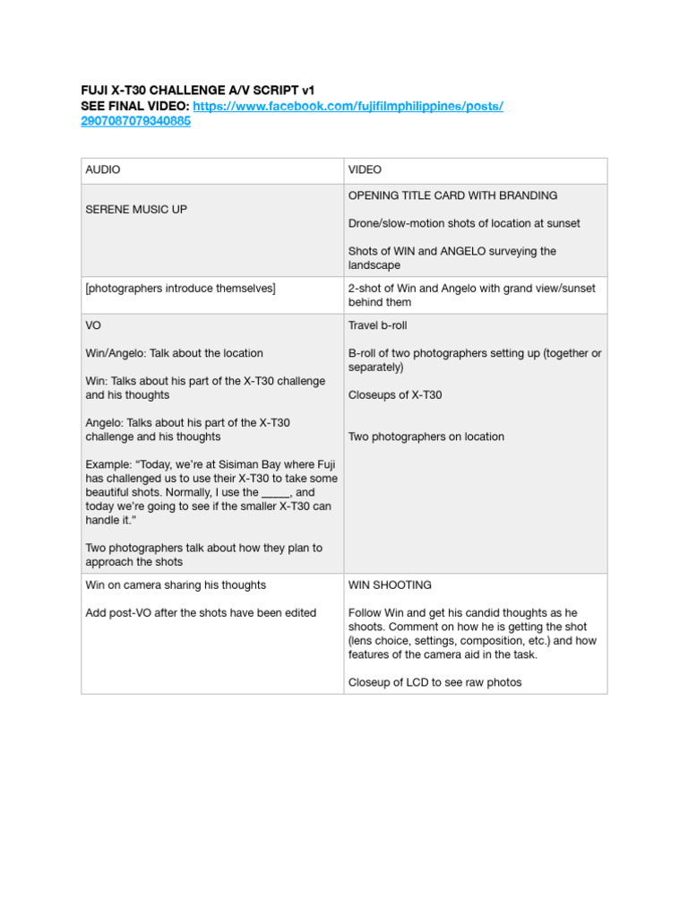 1 SCRIPT SAMPLE Fuji X-T30 Challenge AV Script PDF | PDF | Camera | Photography Equipment