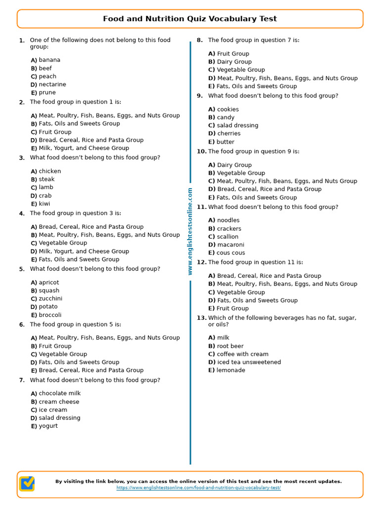 172 - Food and Nutrition Quiz Vocabulary Test | PDF | Foods | Candy