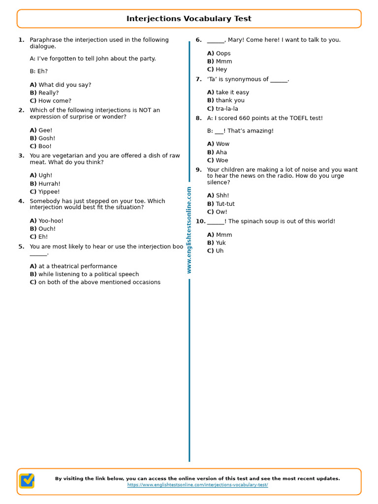 173 - Interjections Vocabulary Test | PDF | Semantic Units