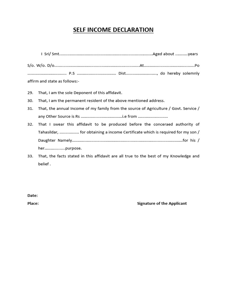 Self Income Declaration Affidavit | PDF