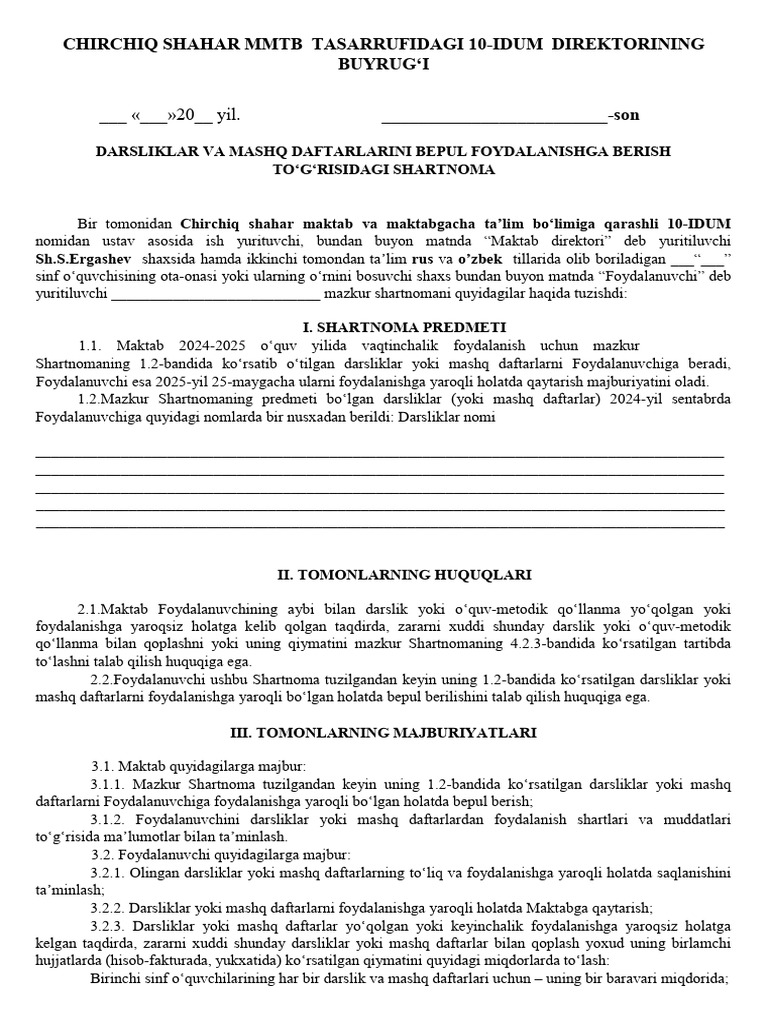 Chirchiq Shahar MMTB Tasarrufidagi 10-Idum Direktorining Buyrug I - Son ...