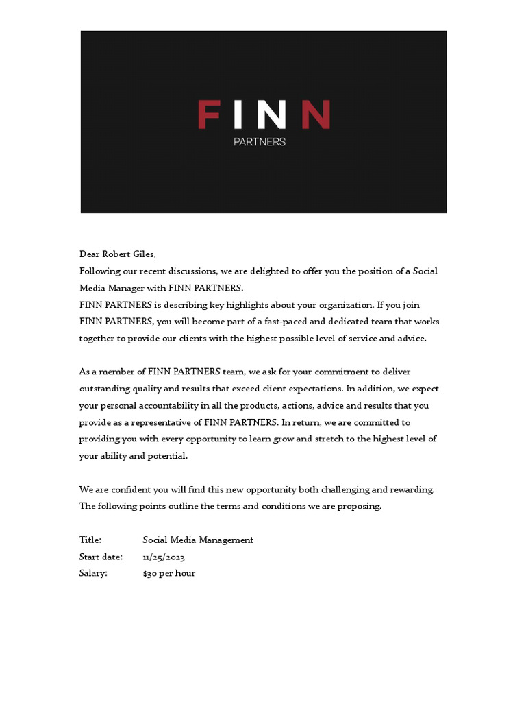 Social Media Manager Job Offer Letter | PDF