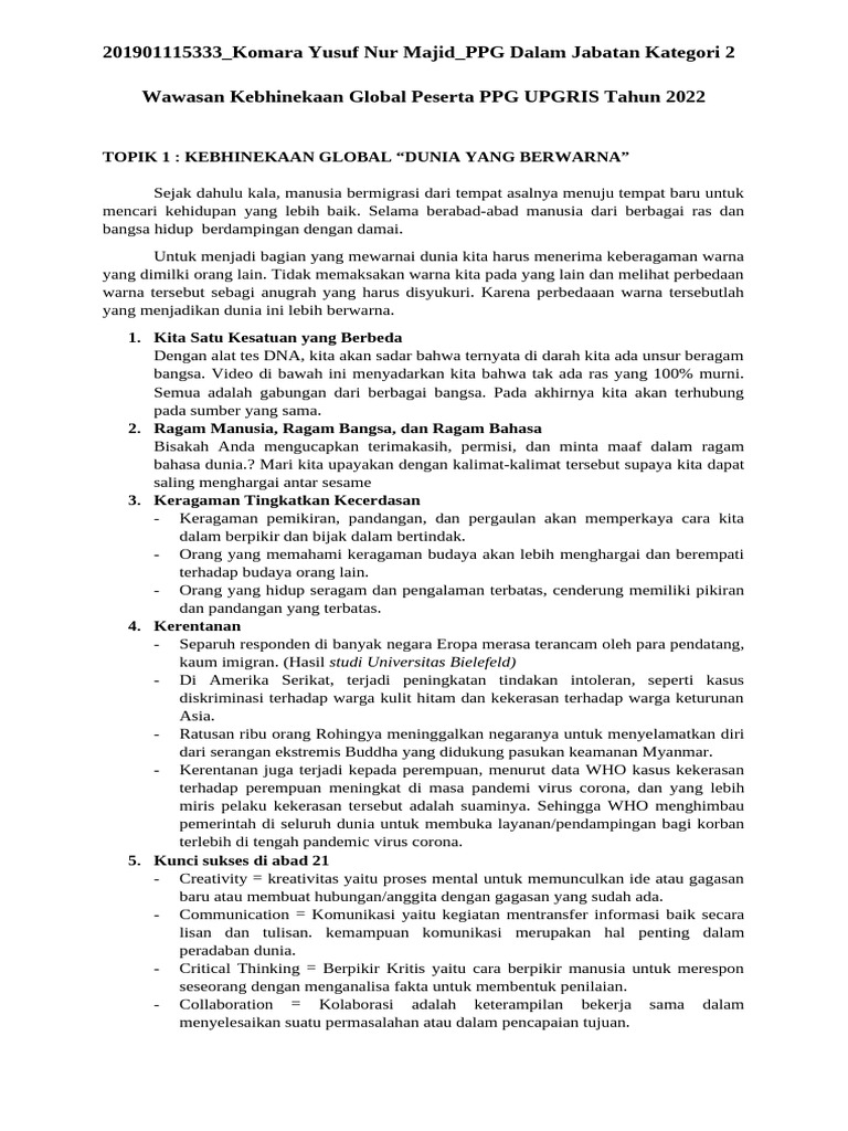 Wawasan Kebhinekaan Global Peserta PPG UPGRIS Tahun 2022 | PDF