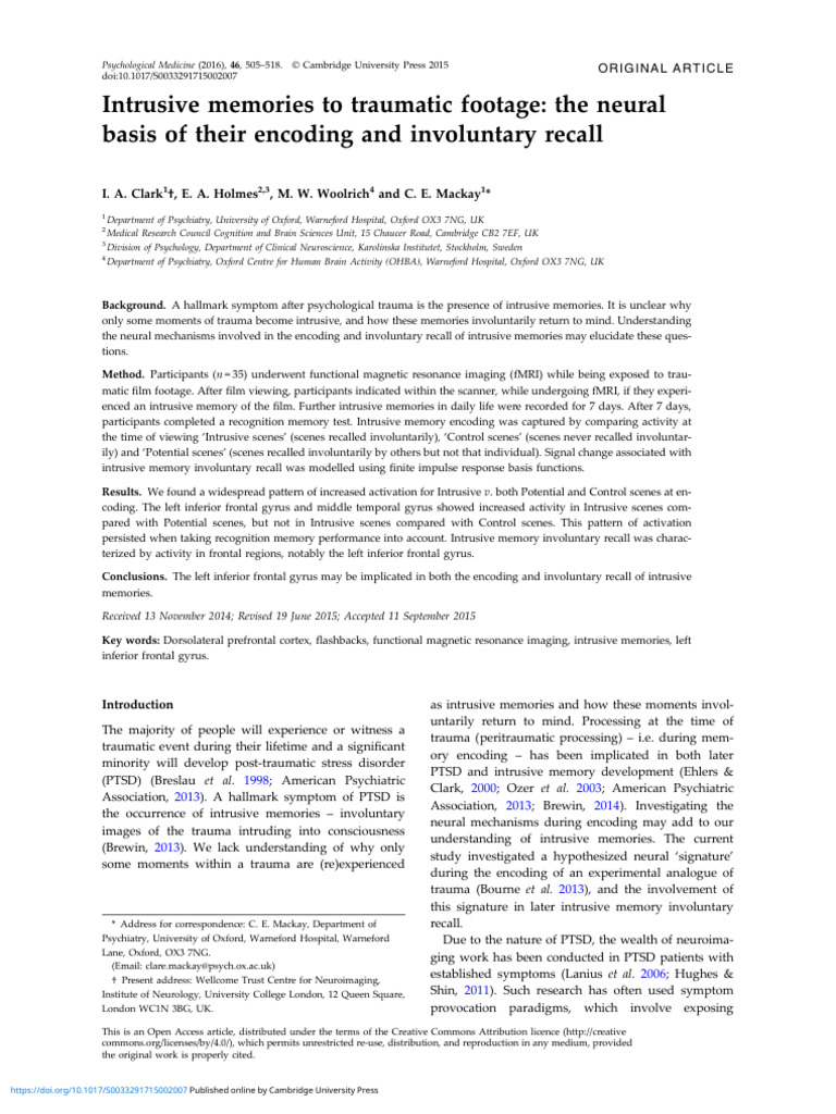 Intrusive Memories To Traumatic Footage The Neural Basis of Their Encoding and Involuntary ...