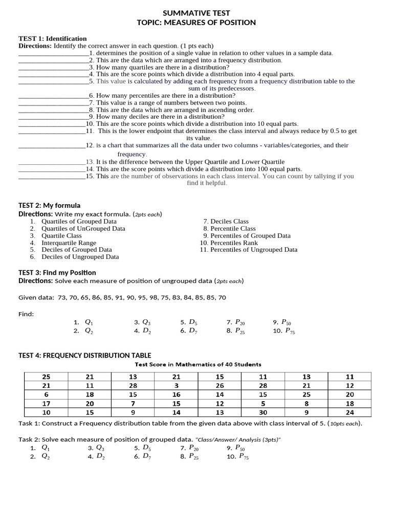Measures of Position Summative Test | PDF | Quartile | Percentile