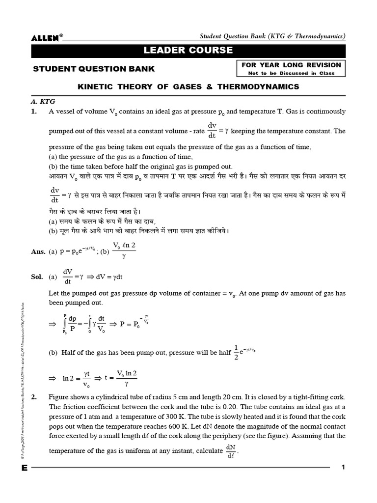 L - SQB # KTG & Thermodynamics (With Solution) | PDF | Gases | Temperature