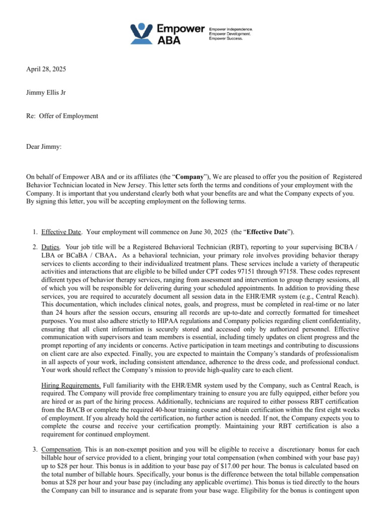 EMPOWER ABA OFFER LETTER | PDF | Background Check | Employment