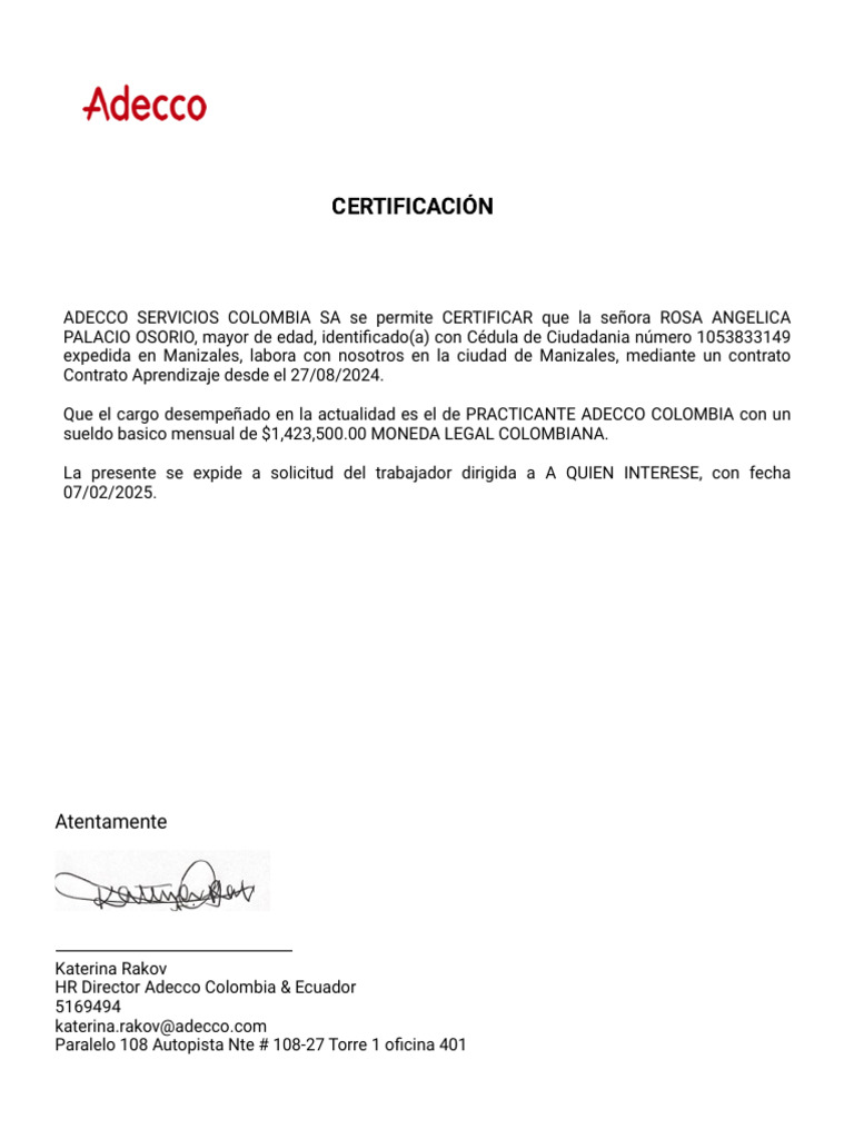 Certificación Laboral Adecco Colombia | PDF
