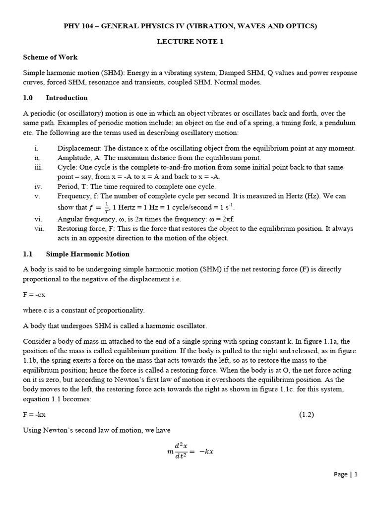 PHY 104 - SHM Lecture Note 1 | PDF | Oscillation | Mechanics