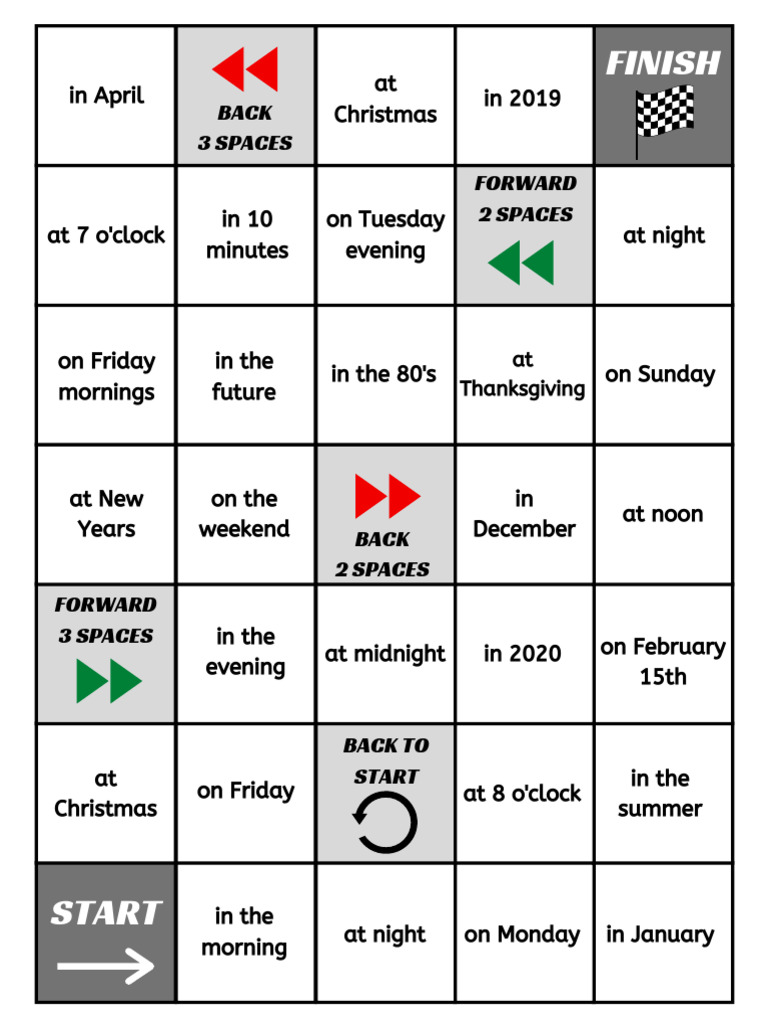 Prepositions of Time Board Game | PDF