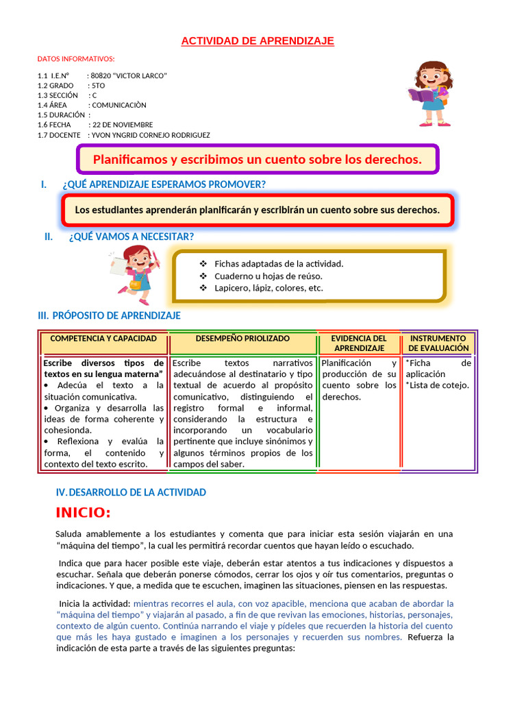 ACTIV 22 DE NOV COM Planificamos y Escribimos Un Cuento Sobre Los Derechos. | PDF