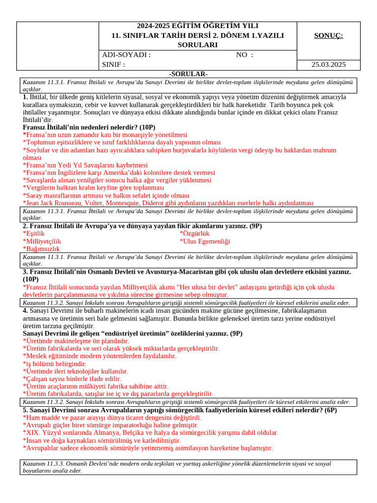 Sinif Tari̇h 2. Dönem 1. Yazili Cevap Anahtari | PDF
