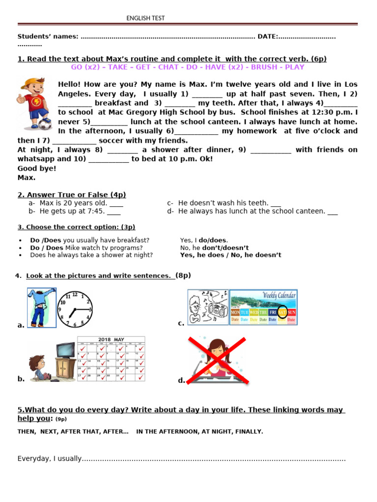 English Test - Simple Present - First Person Singular | PDF