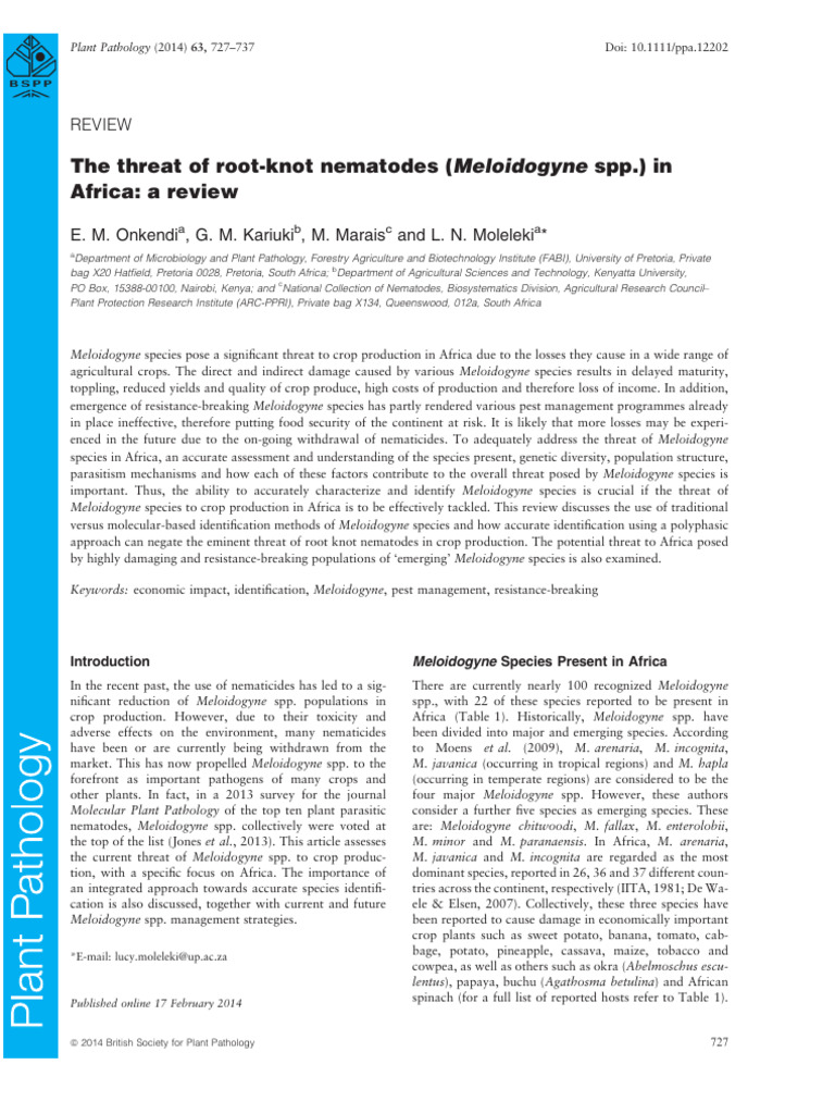 Plant Pathology - 2014 - Onkendi - The Threat of Root Knot Nematodes ...