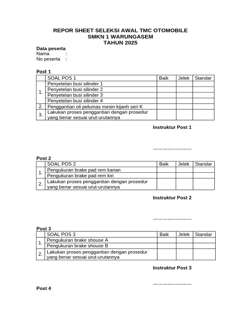 Repor Sheet Seleksi Awal TMC Otomobile | PDF