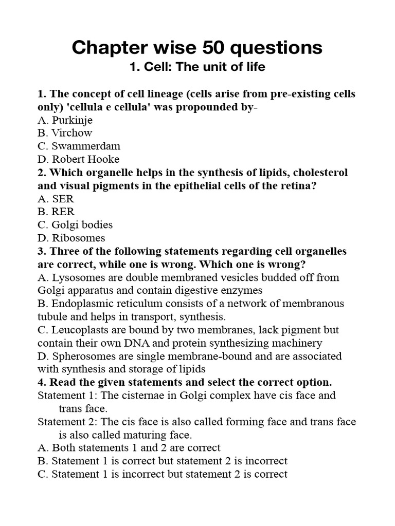 CWQ - 1. Cell The Unit of Life | PDF | Cell (Biology) | Endoplasmic Reticulum