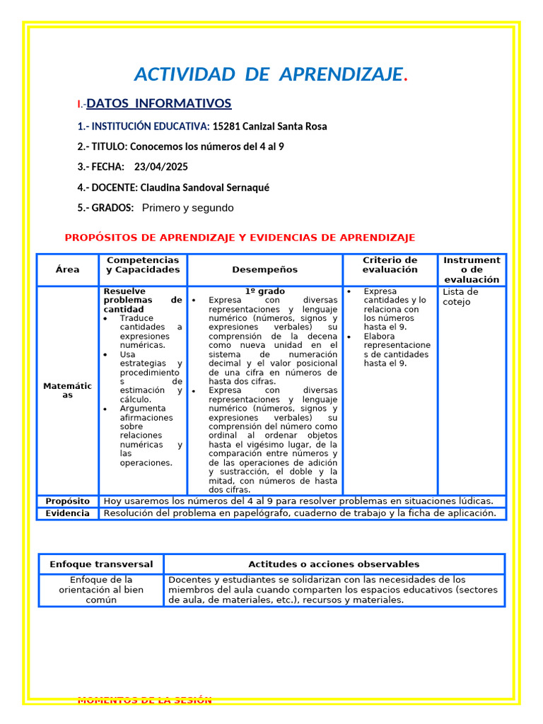 Actividad de Números del 4 al 9 | PDF | Aprendizaje | Números