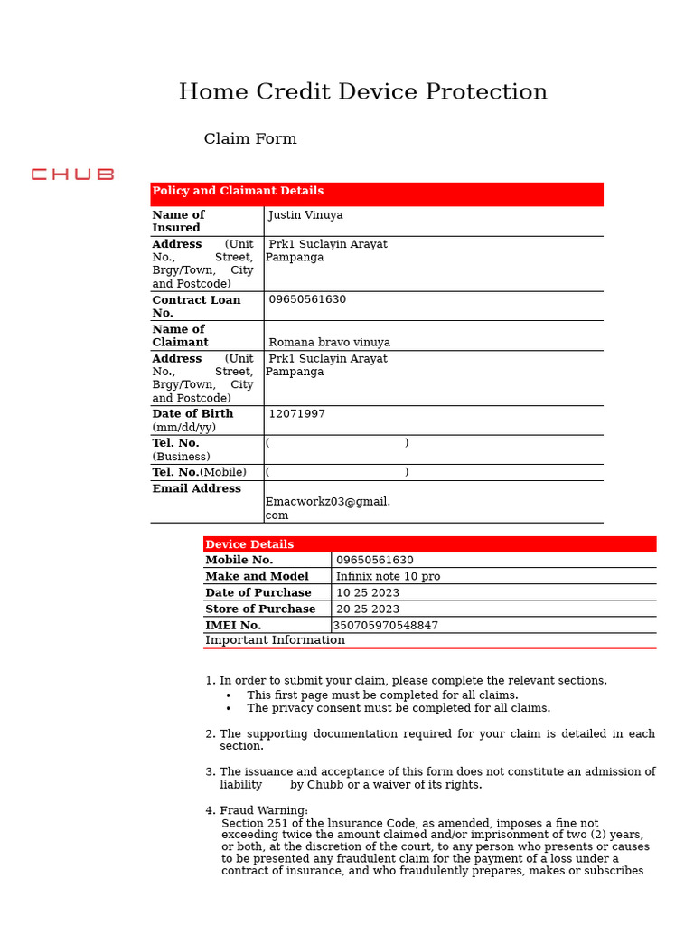 Chubb - Home Credit Claim Form - Sep2019 12 PDF | PDF | Insurance ...