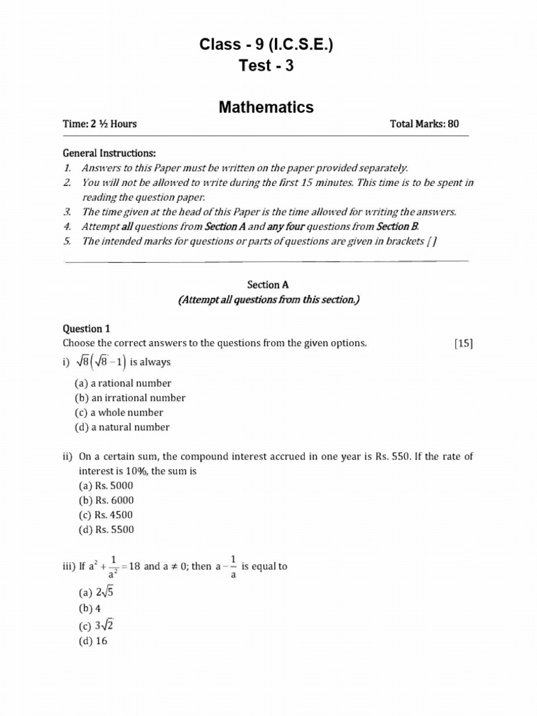 Class - 9 ICSE Test Paper - 3 (Questions) | PDF