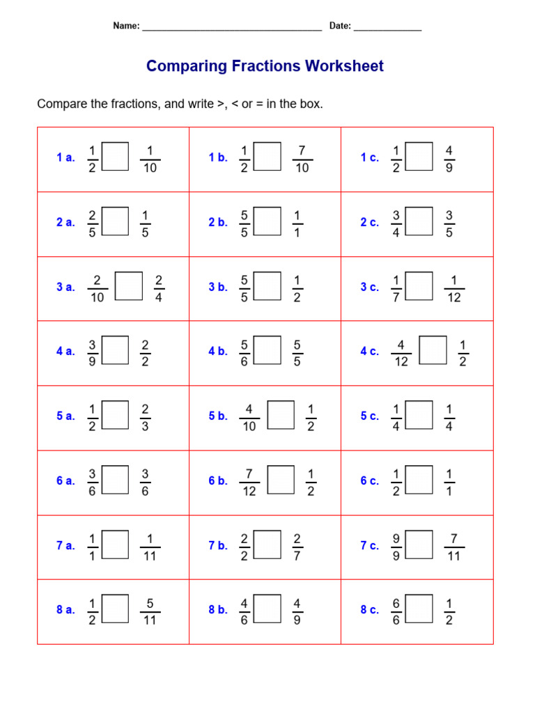 Comparing Fractions Worksheet | PDF