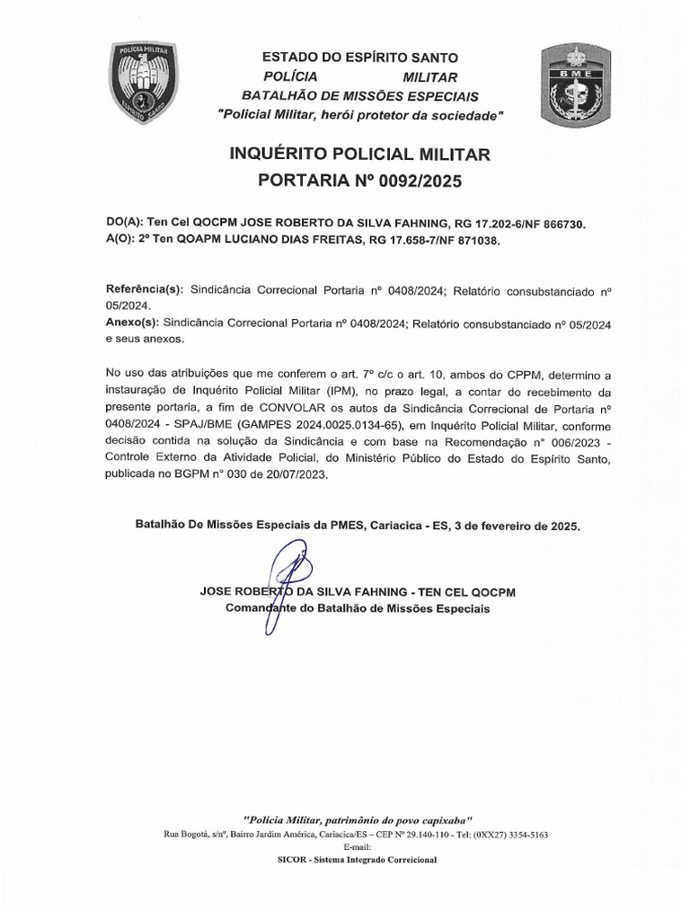 IPM PORTARIA #0092.2025 - ENC. TEN LUCIANO-otimizado - 1 | PDF
