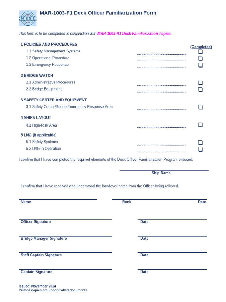 MAR-1003-F1 Deck Officer Familiarization Form - Clean - Nov24 | PDF ...