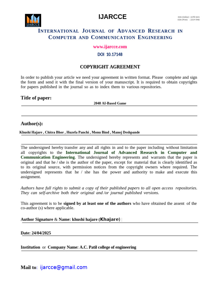 Copyright Form IJARCCE | PDF