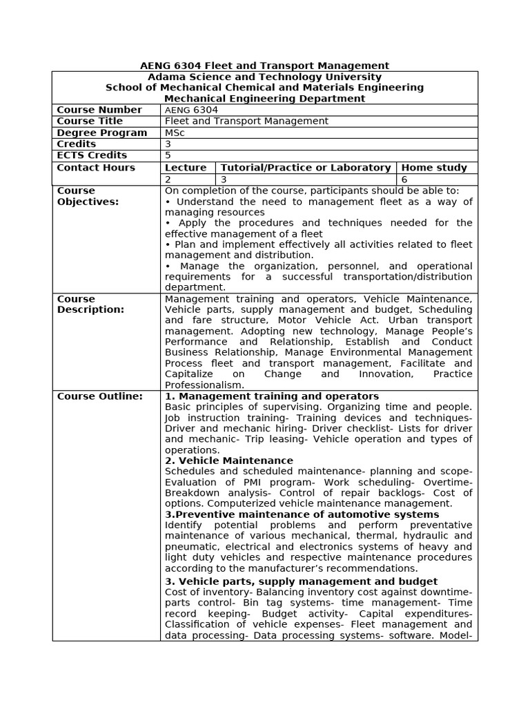 AENG 6304 Fleet and Transport Management | PDF | Transport | Vehicles