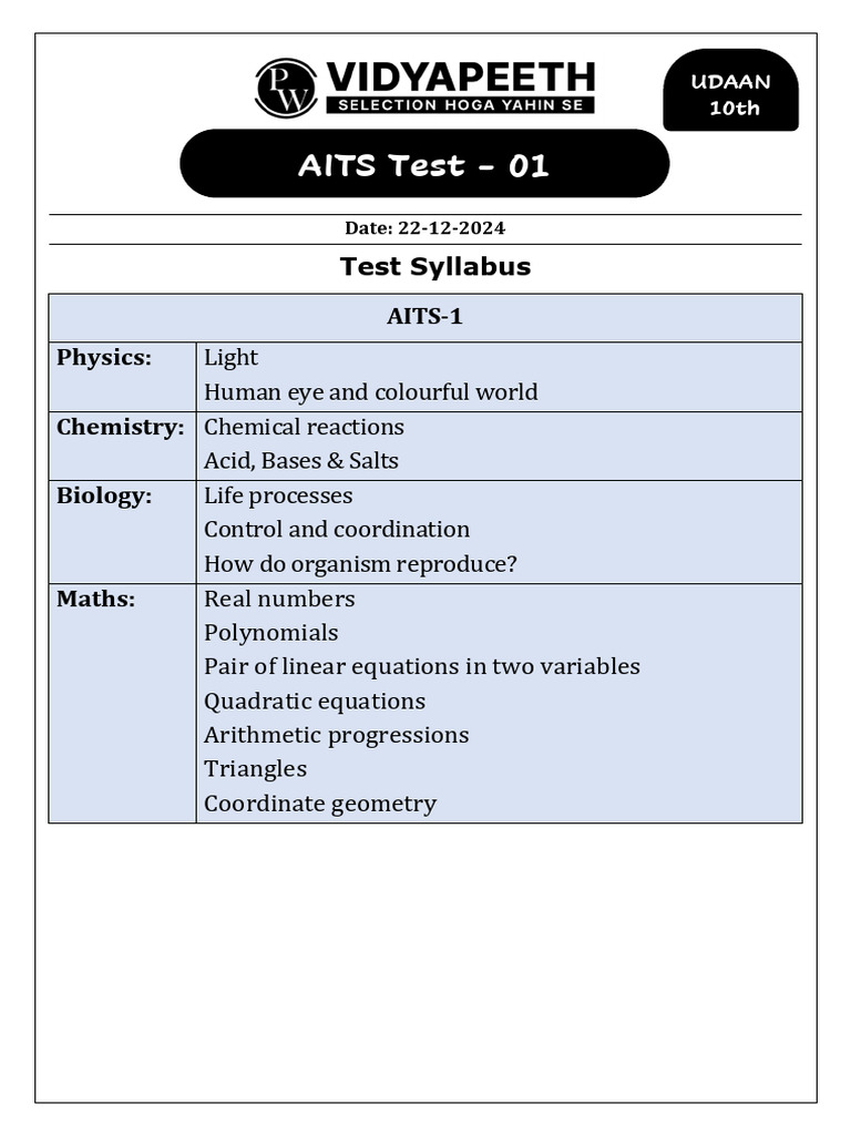 AITS-1 Test Syllabus for 10th Grade | PDF