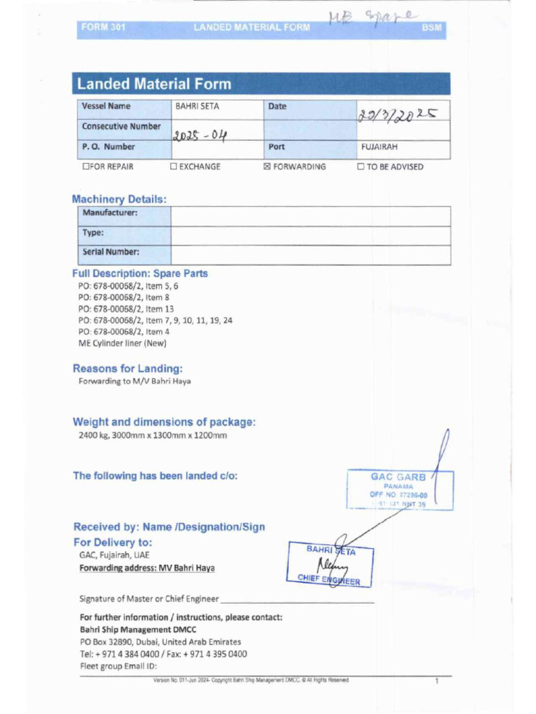 4 Form 301 - Landed Materials Form - Spare Parts From Bahri Haya ...