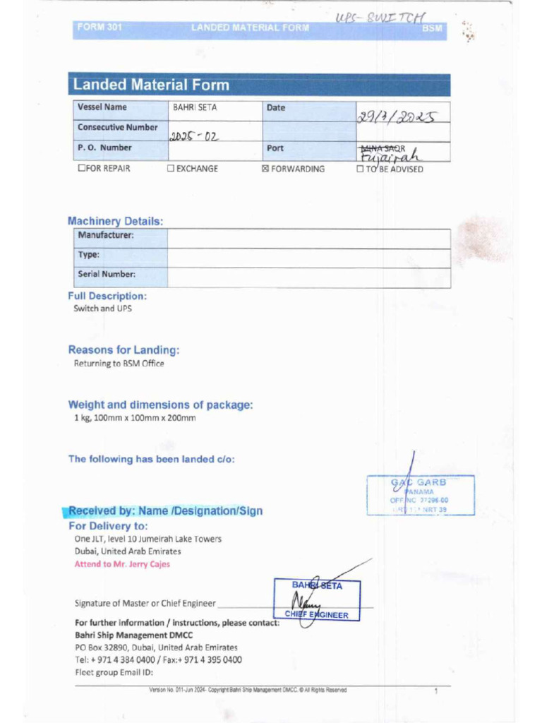 2 Form 301 - Landed Materials Form - Switch and UPS - Fujairah | PDF