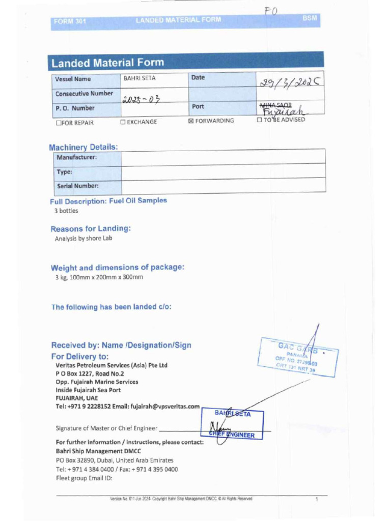 3 Form 301 - Landed Materials Form - FO System Check - Fujairah | PDF