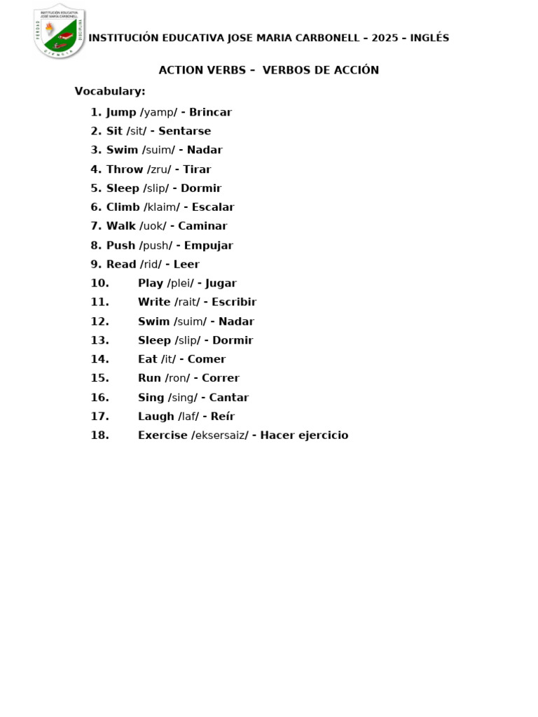 Action Verbs - Verbos de Acciones | PDF