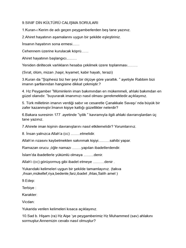 9.sinif Din Kültürü 2. Donem Calisma Sorular | PDF