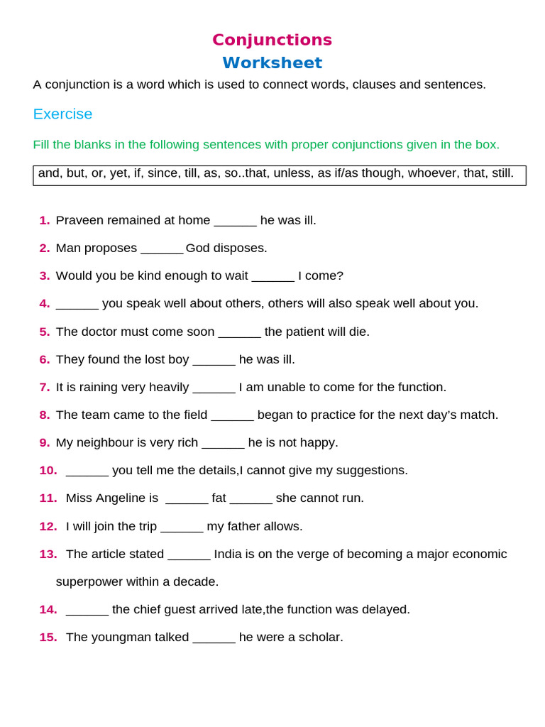Conjunctions Worksheet for Students | PDF