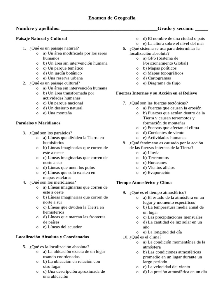 Examen de Geografía: Paisajes y Clima | PDF | Selva | Desierto