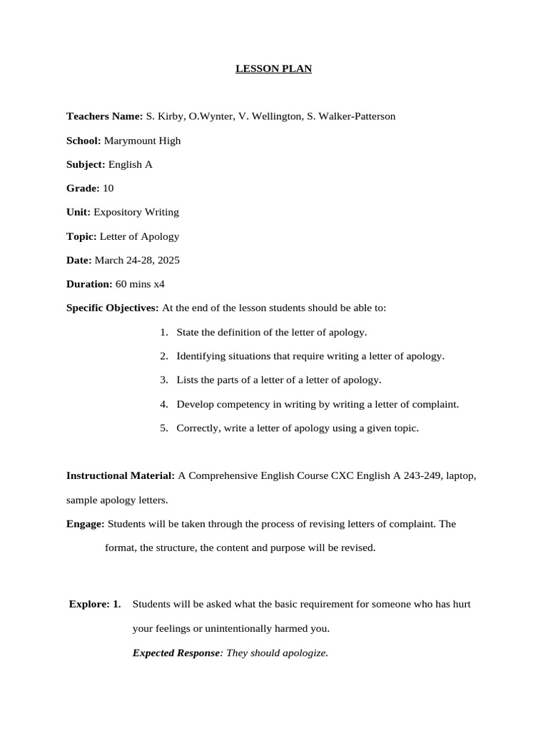 LESSON PLAN- LETTER OF APOLOGY 2 | PDF