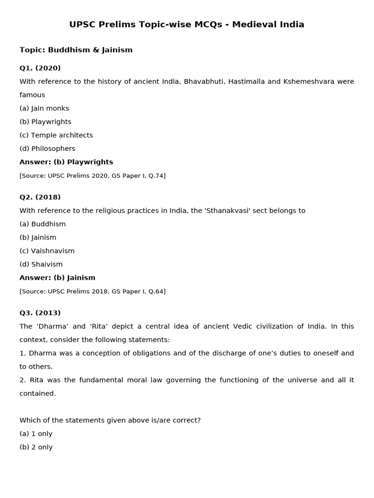 Buddhism Jainism UPSC Prelims Questions With Sources | PDF