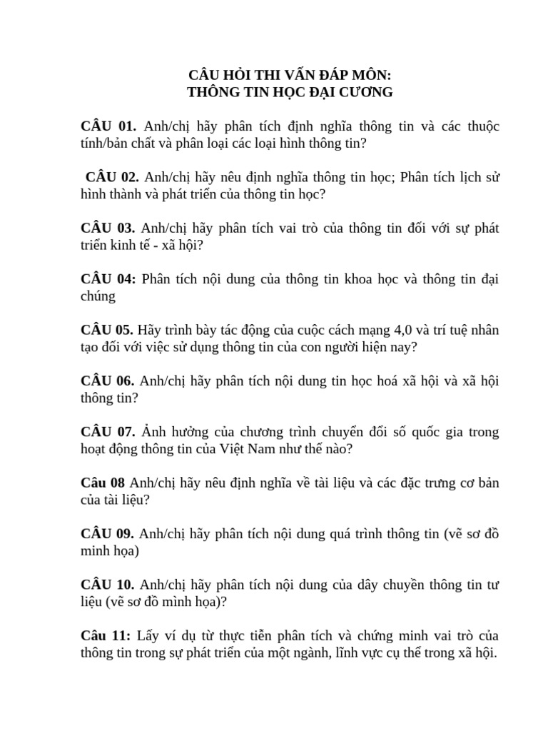 Câu hỏi ôn tập thi vấn đáp môn TTH 2023 -2024 | PDF