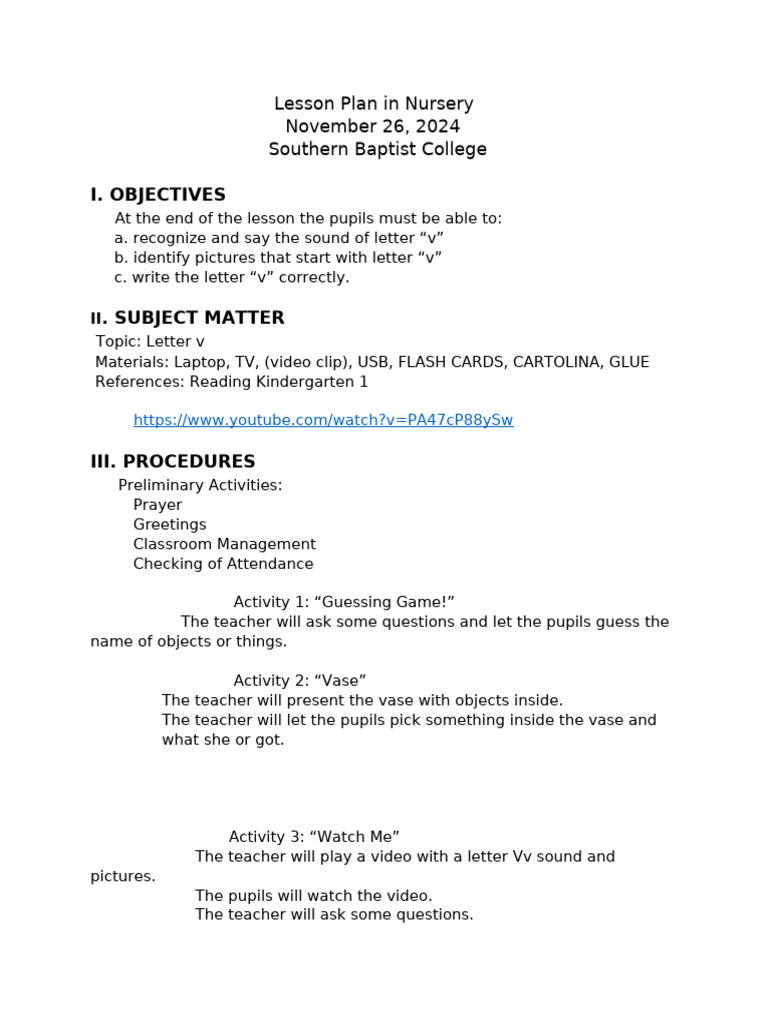 Letter V Lesson Plan for Nursery | PDF